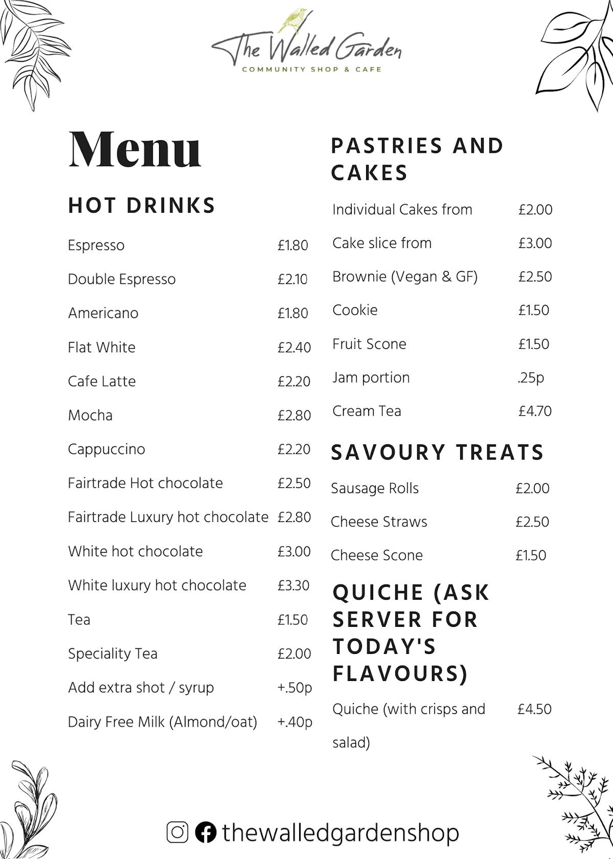 Menu at The Walled Garden Community Shop and Cafe, Norwich