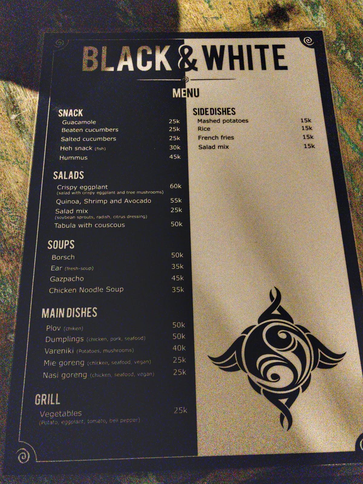 Menu at Black & White cafe & bar, Peliatan