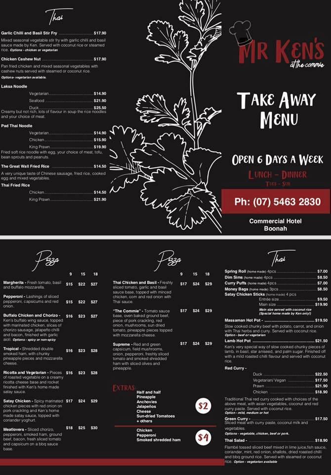 Menu at Commercial Hotel, Boonah restaurant, Boonah