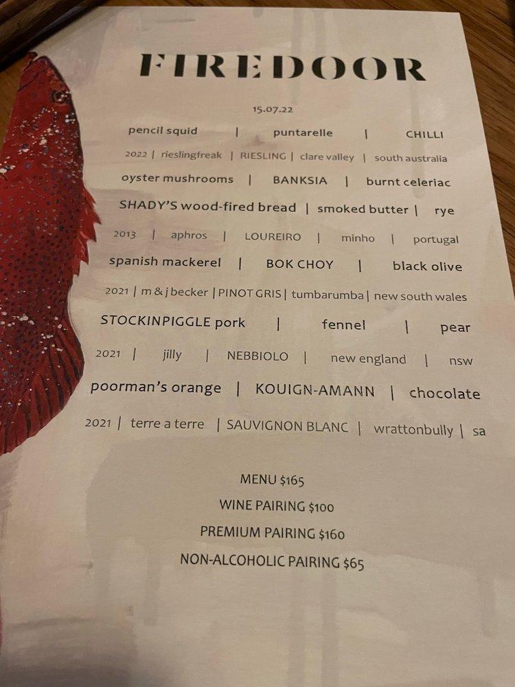 Menu at Firedoor Restaurant, Surry Hills
