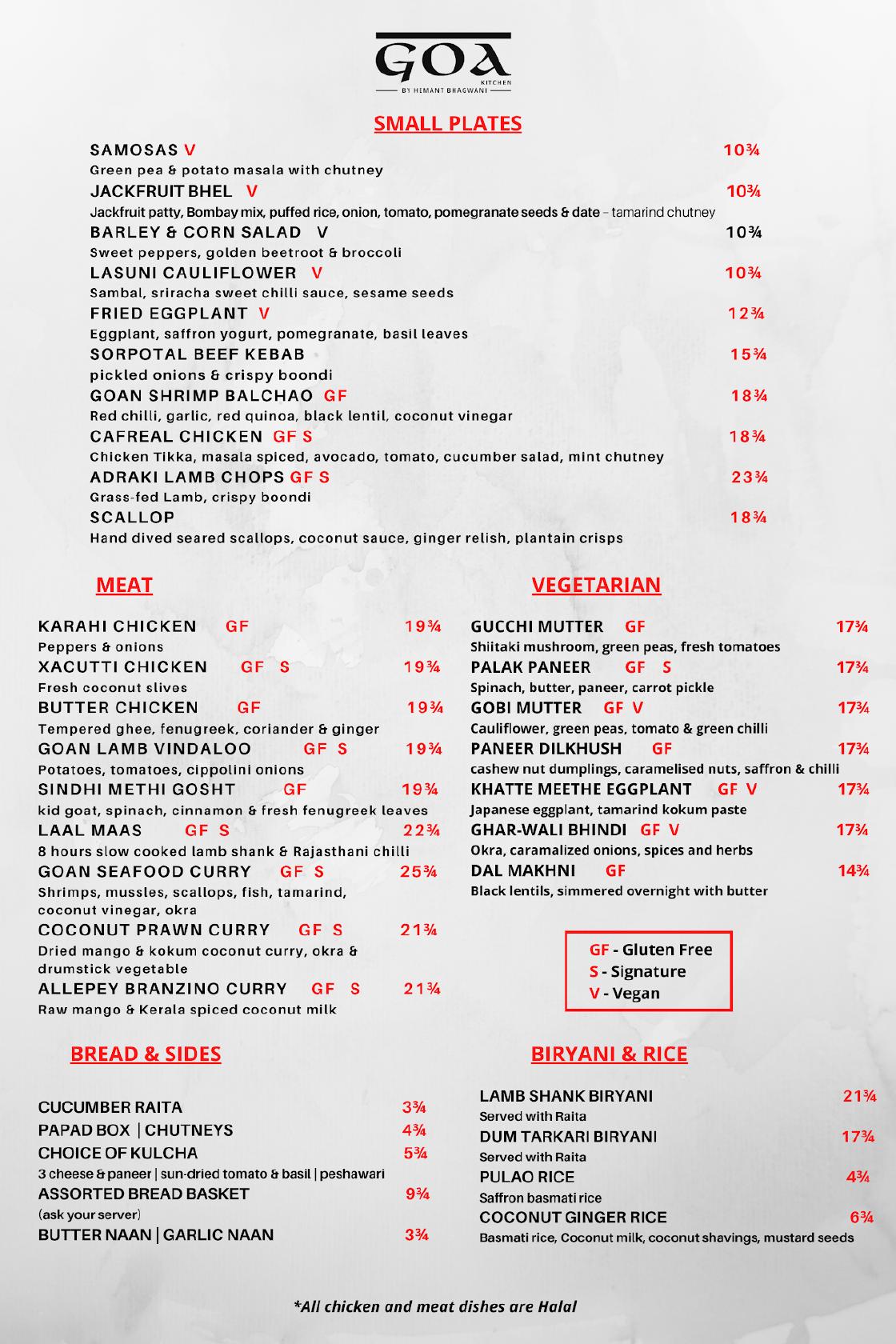 Menu at Goa Indian Farm Kitchen restaurant, Toronto, Bayview Ave