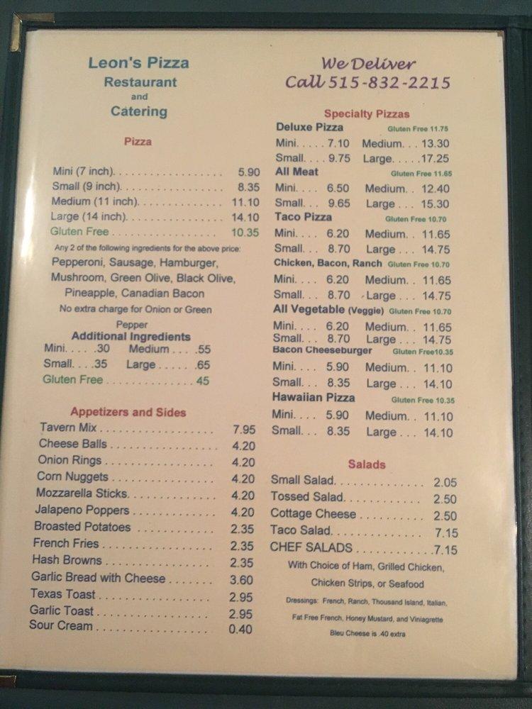 Carta de pizzería Leon's Pizza, Webster City, 643 2nd St