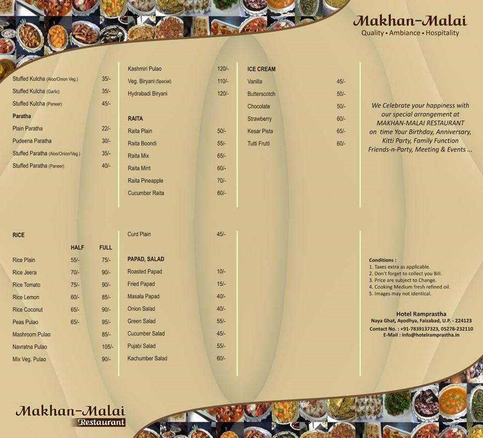 Menu at Ramprastha Hotel, Ayodhya, Ayodhya