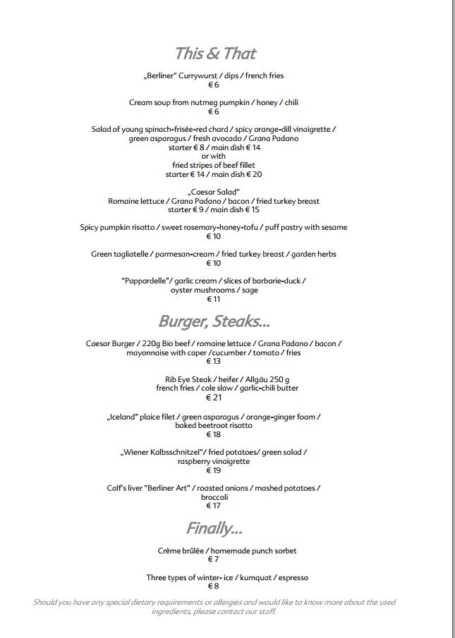 Menu at Restaurant Boulevard, Berlin, Anhalter Str. 8