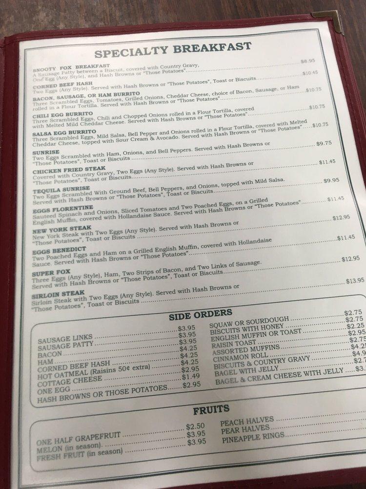 Menu at Snooty Fox restaurant, Laguna Hills