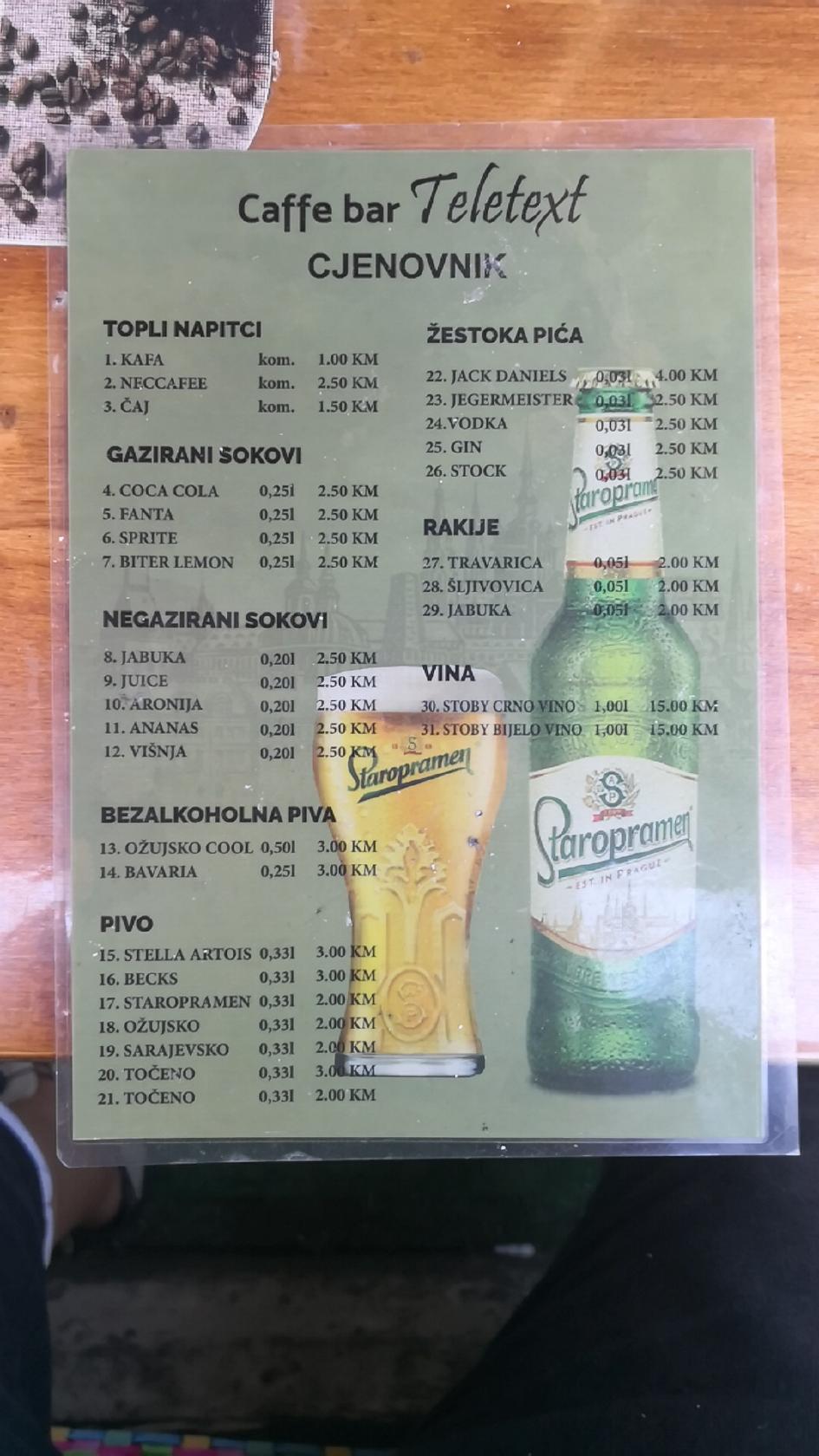 Menu at Teletext cafe, Sarajevo