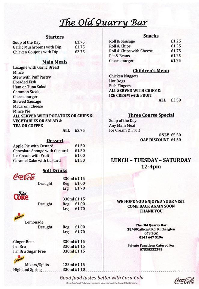 Menu at The Old Quarry Bar, Glasgow