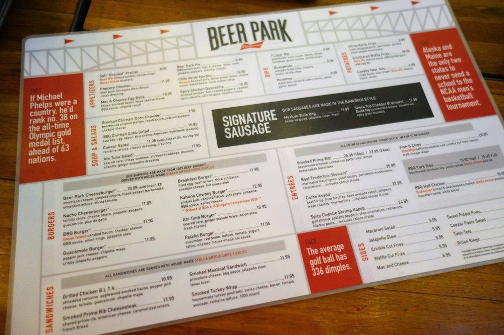 Menu at Beer Park pub & bar, Las Vegas, S Las Vegas Blvd