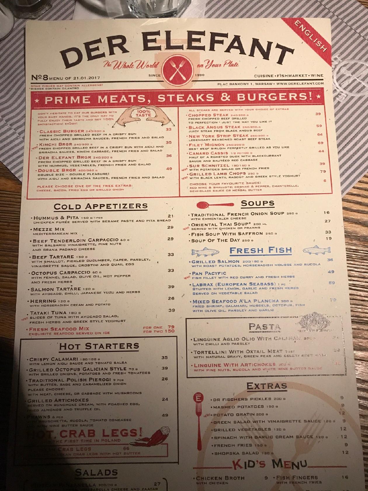 Menu at Der Elefant pub & bar, Warsaw