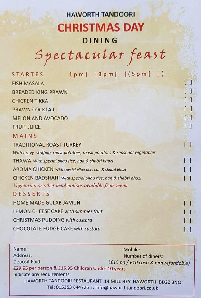 Menu at Haworth Tandoori restaurant, Haworth