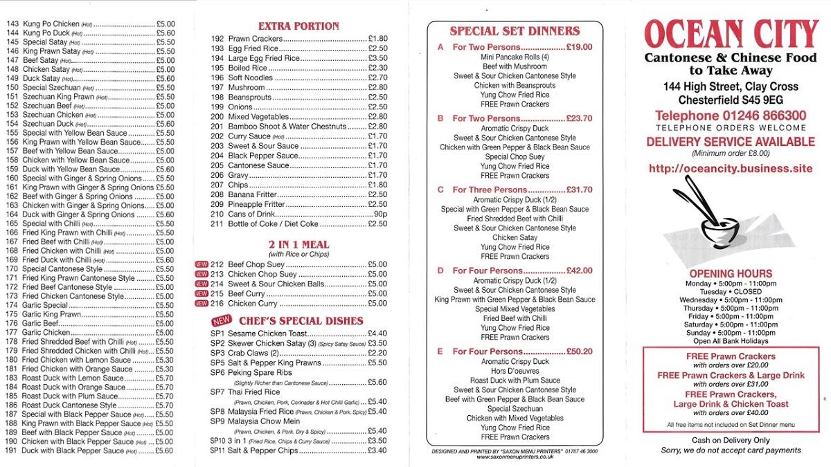Menu at Ocean City restaurant, North Wingfield