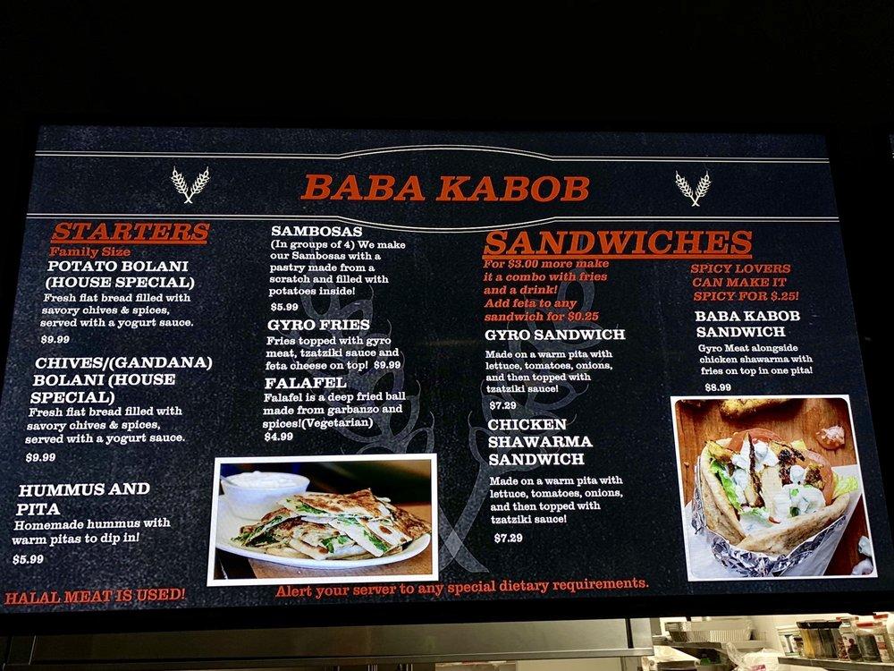 Menu at Baba Kabob restaurant, San Diego
