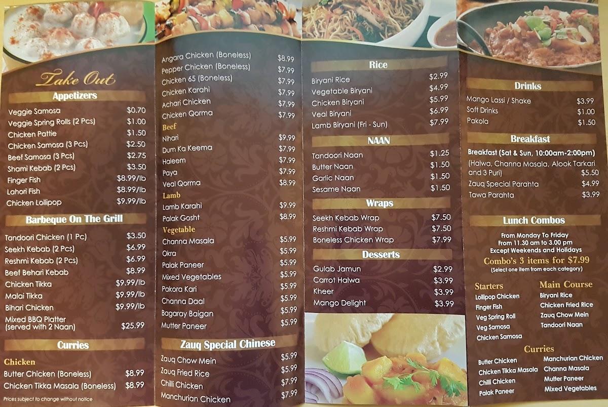 Menu at Cafe Zauq Takeout & Catering, Milton