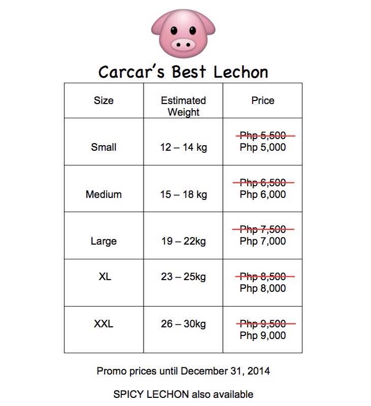 Menu at Carcar's Best Lechon restaurant, Cebu City