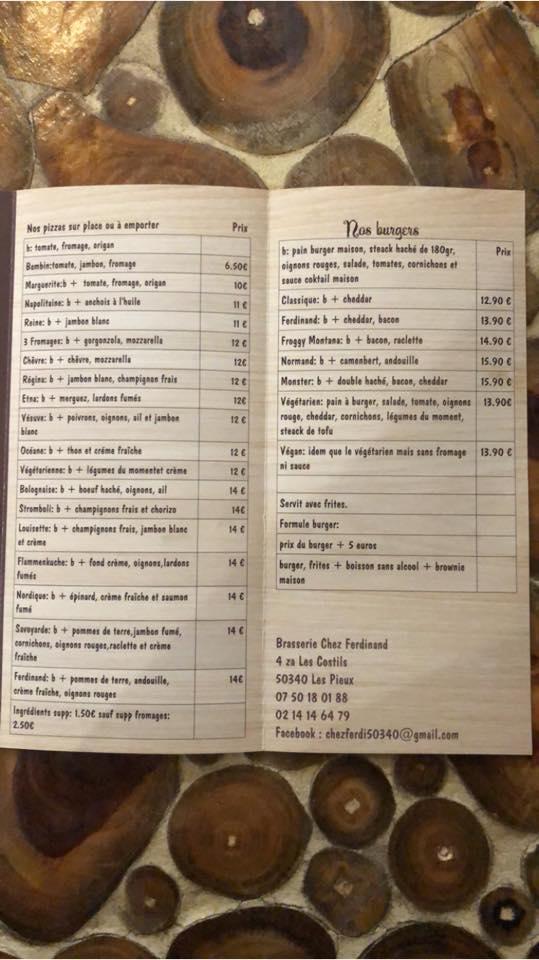 Menu au Chez Ferdinand restaurant, Les Pieux