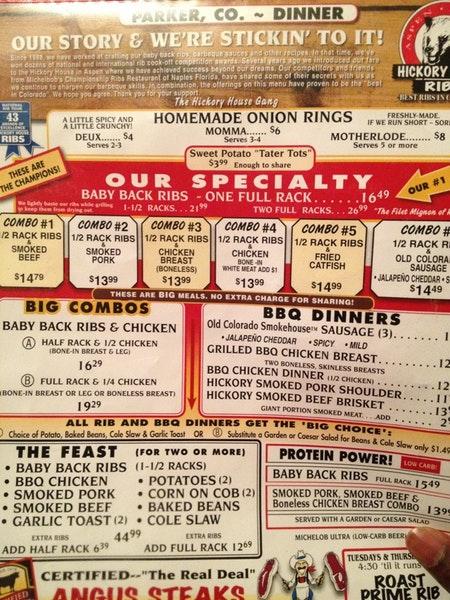 Menu at Hickory House BBQ, Parker