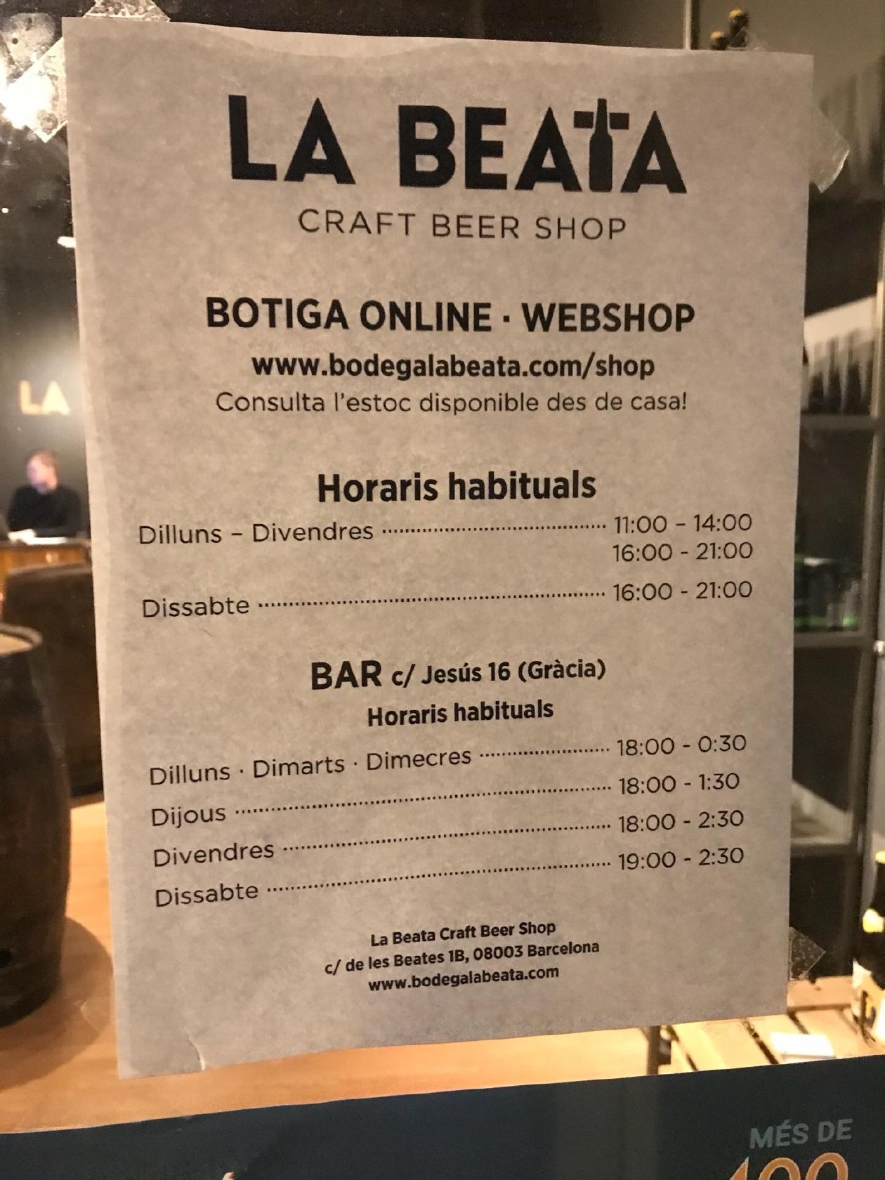 Menu at La Beata pub & bar, Barcelona, Carrer de les Beates
