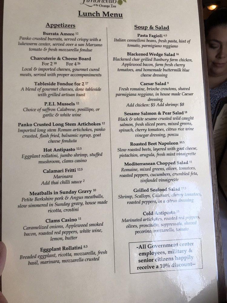 Menu at Limoncello at the Orange Inn pub & bar, Goshen