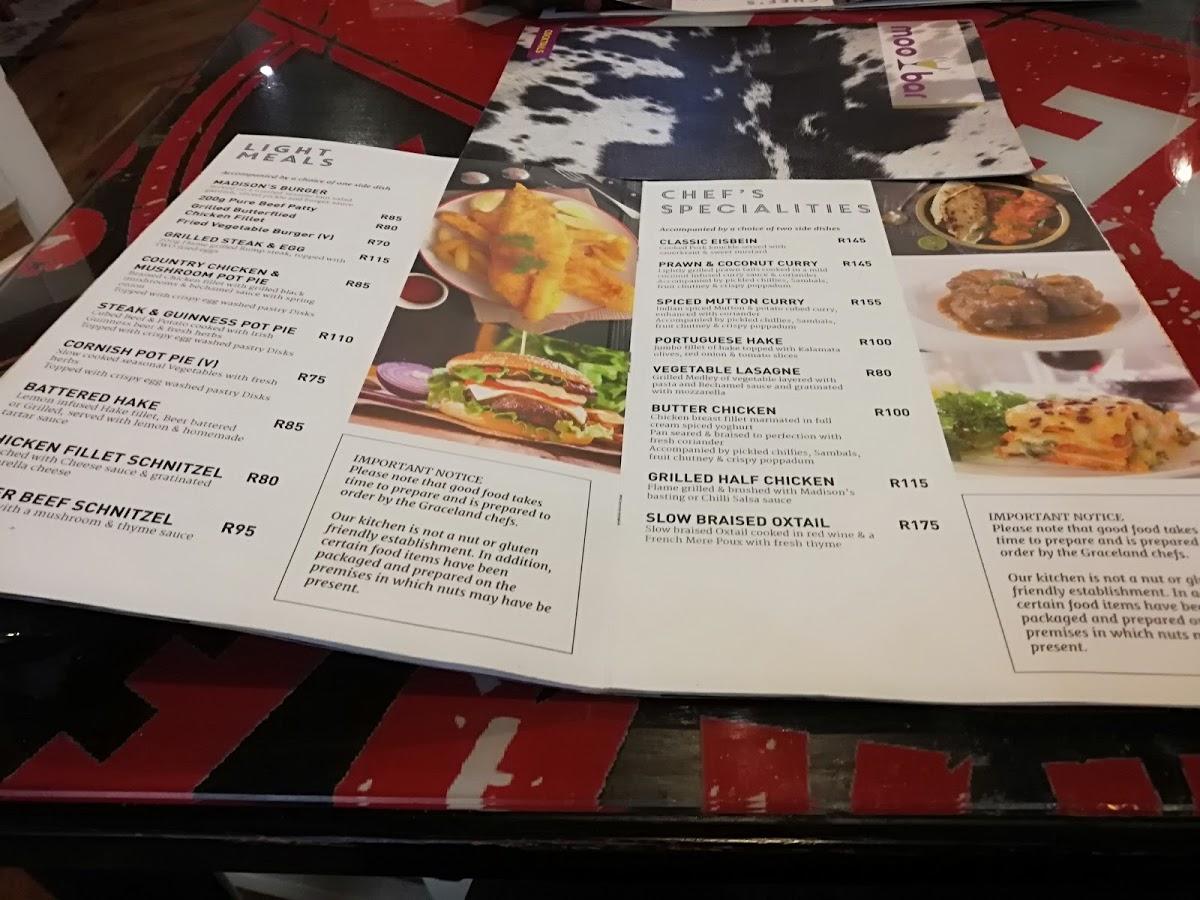 Menu at Madison's Bistro restaurant, Secunda