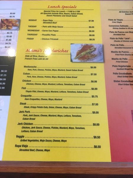 Menu at Mami's La Cubana restaurant, Atlanta