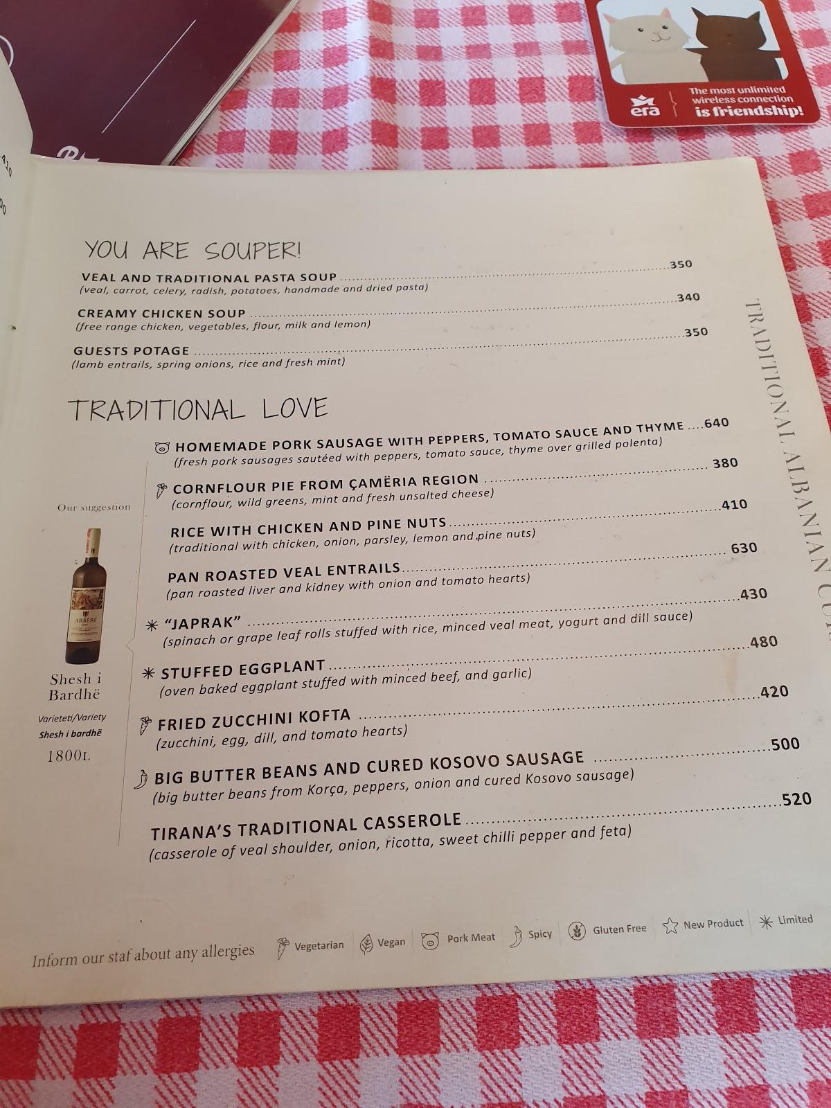Carta de Restaurant Piceri Era "Blloku", Tirana