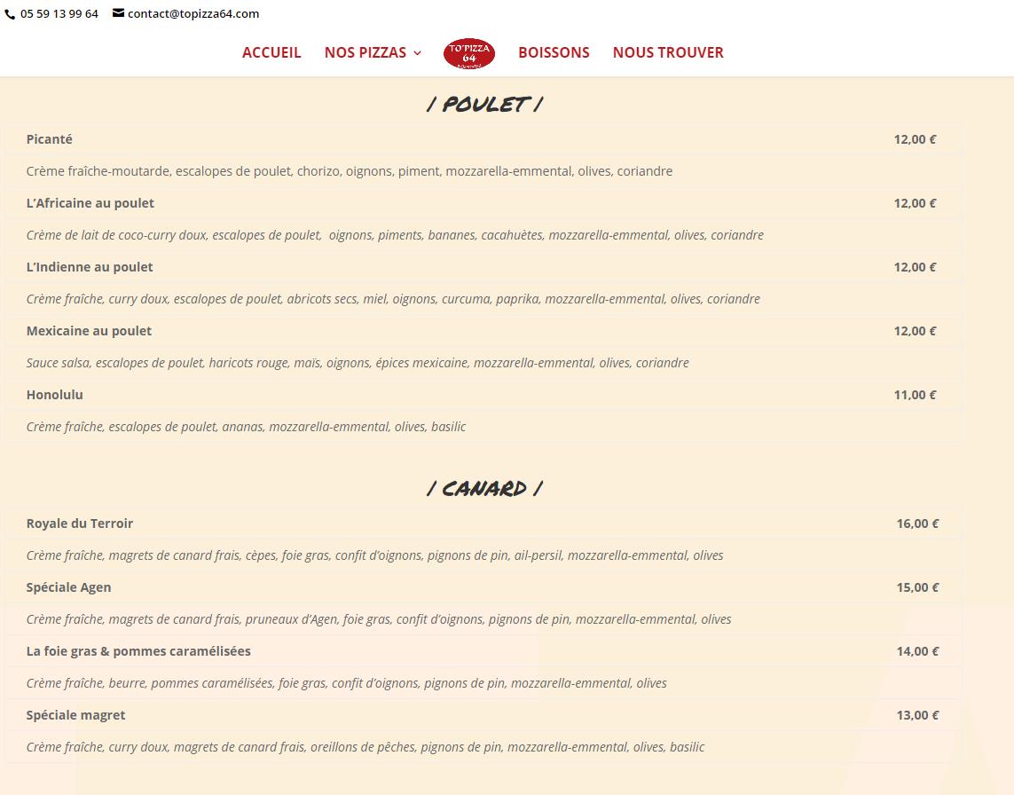 Menu au To'Pizza 64 restaurant, Mazerolles