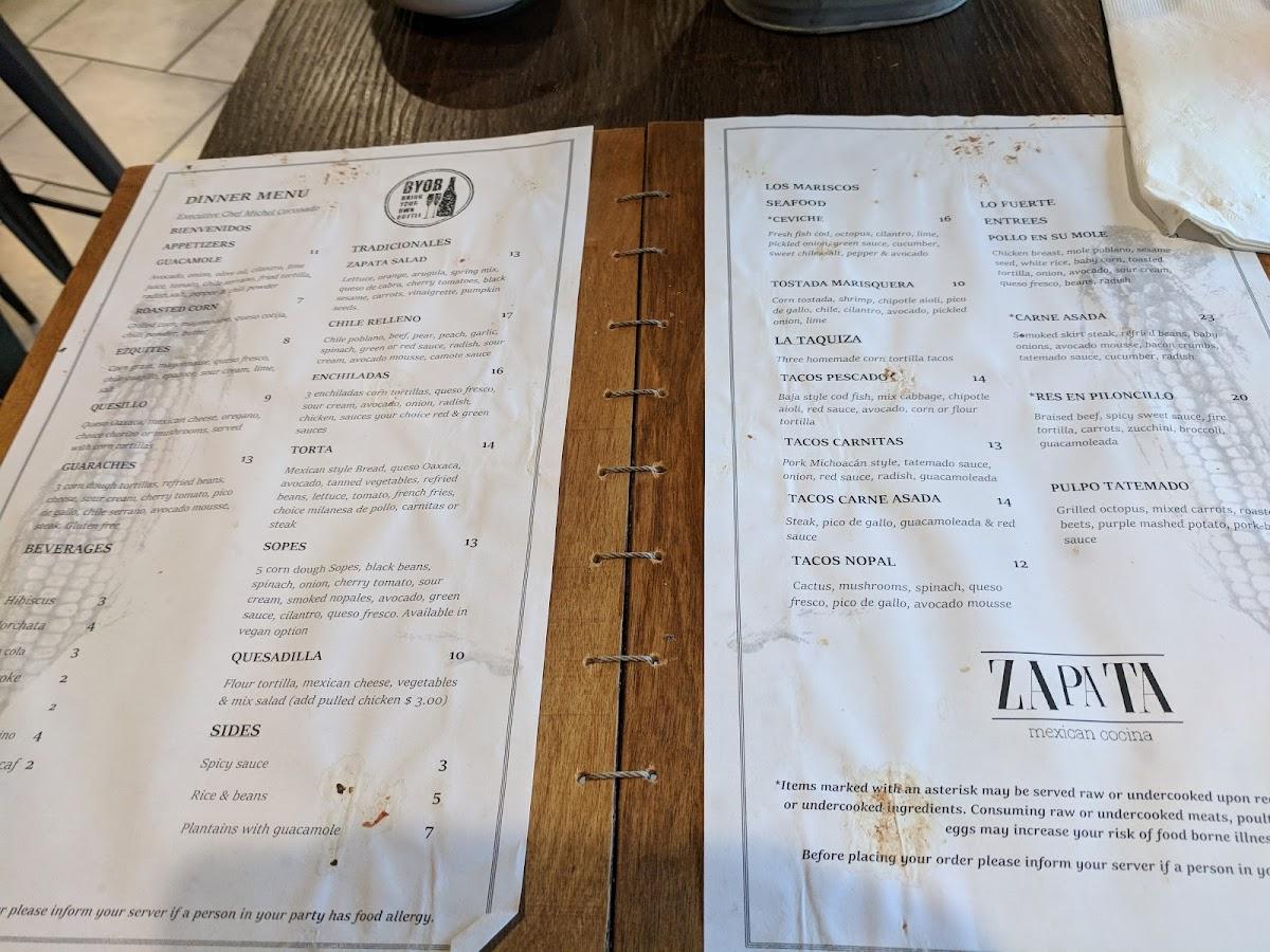Menu at ZAPATA MEXICAN COCINA restaurant, Fitchburg