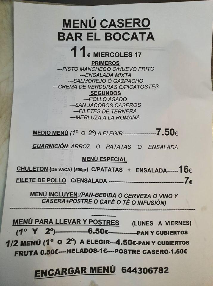 Menu at El Bocata pub & bar, Madrid