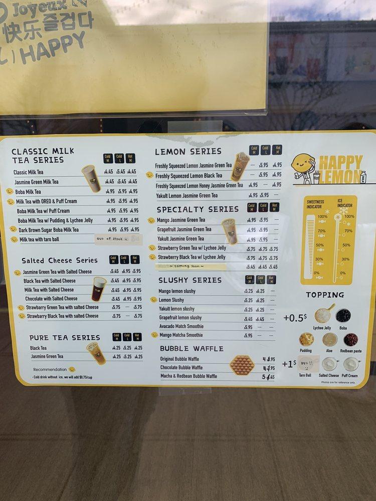 Menu at Happy Lemon restaurant, Portland, Southwest Bridgeport Road