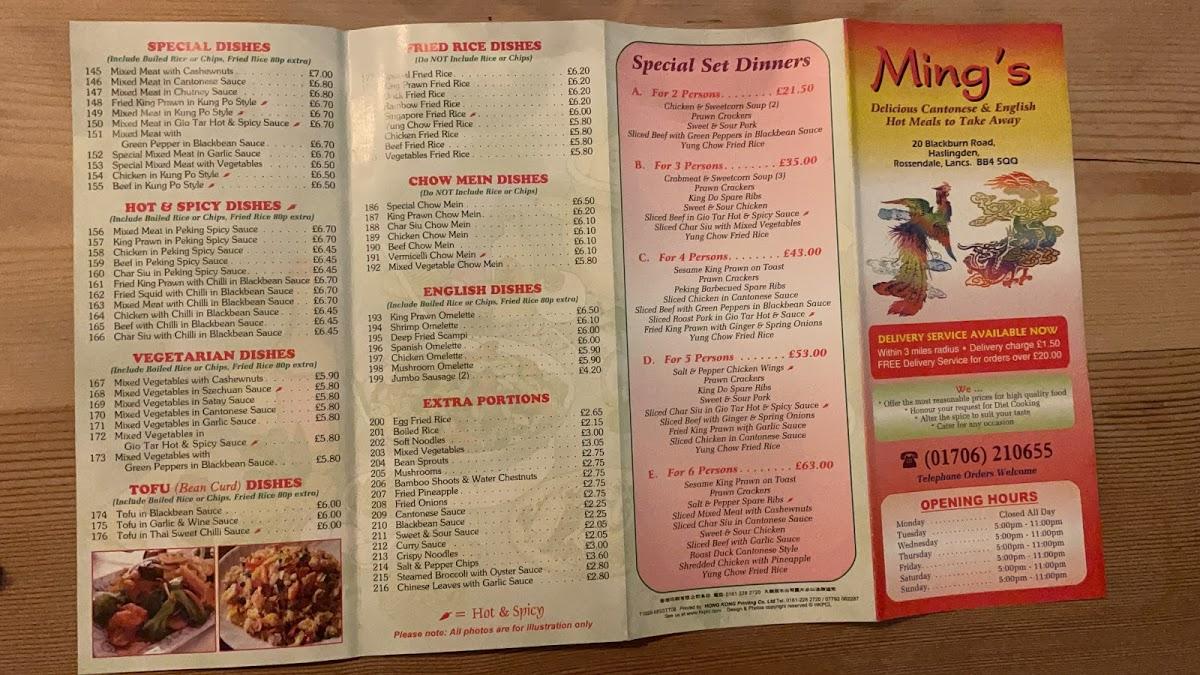 Menu at Ming's fast food, Rawtenstall