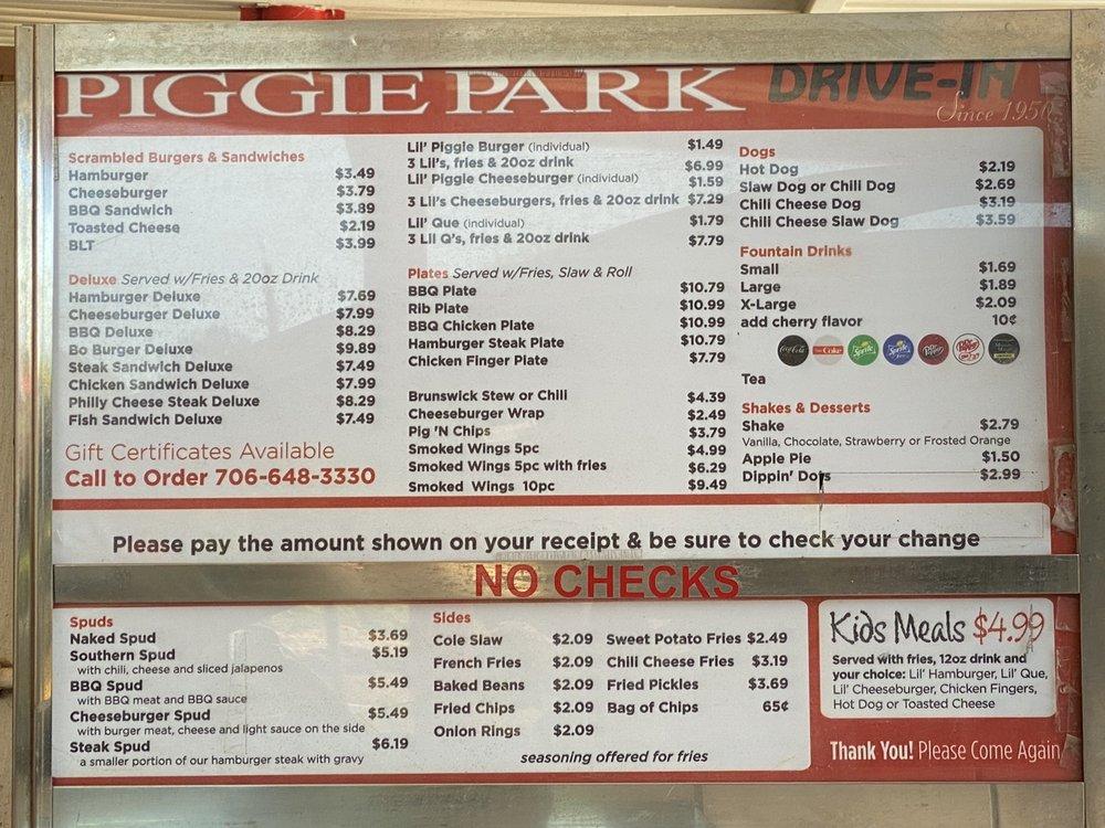 Menu at Piggie Park fast food, Thomaston, US-19