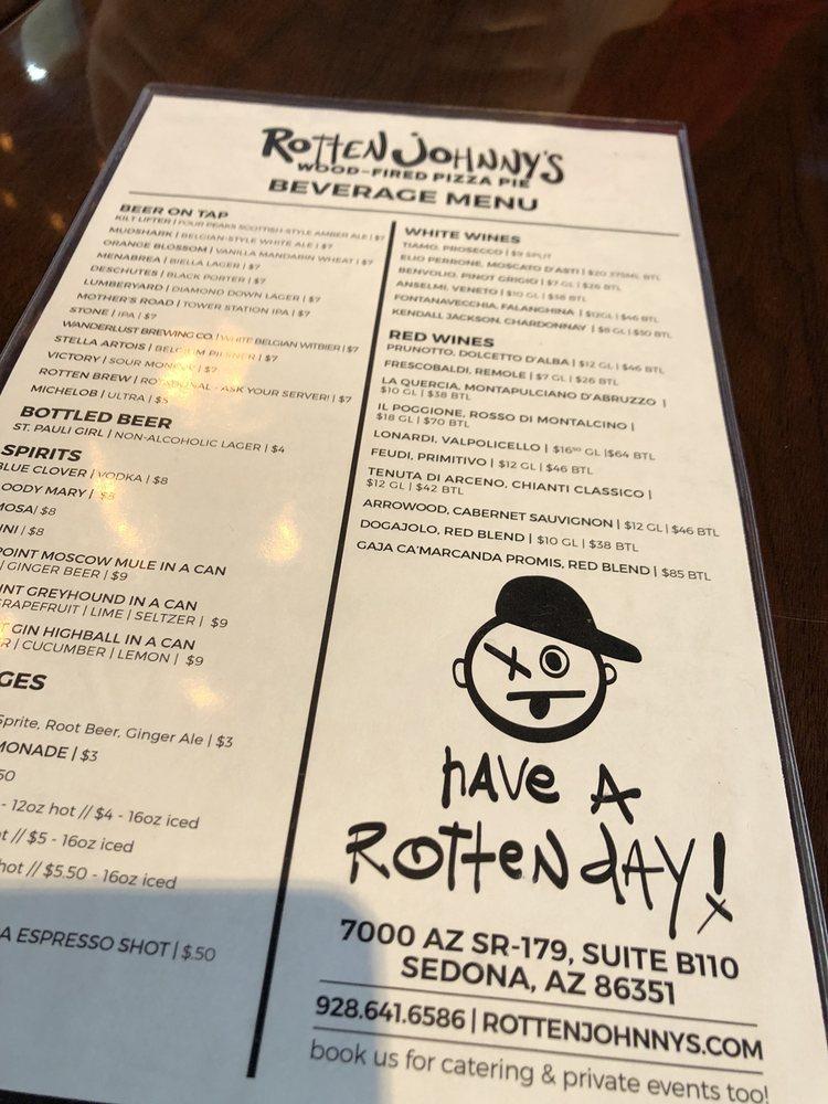 Menu at Rotten Johnny's Wood-Fired Pizza Pie pizzeria, Sedona