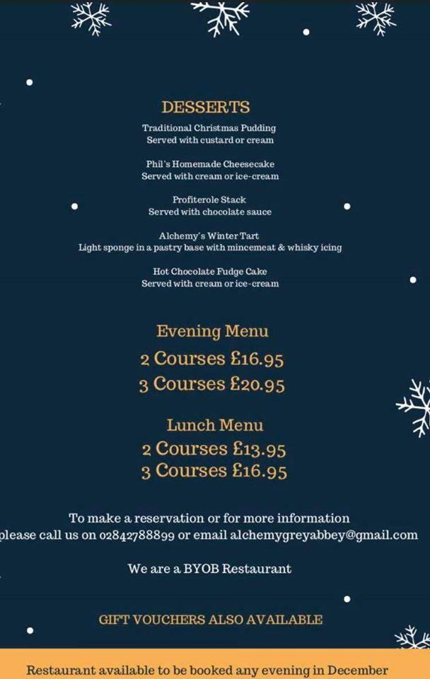 Menu at Alchemy restaurant, Greyabbey