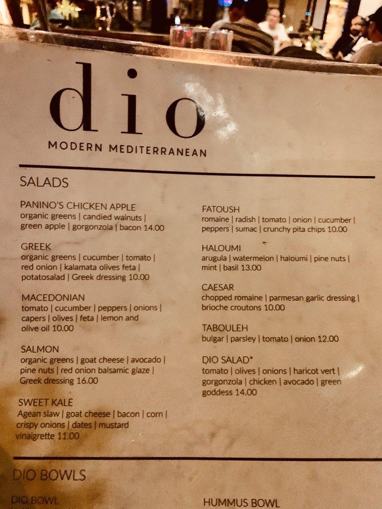 Menu at Dio Modern Mediterranean restaurant, Tampa