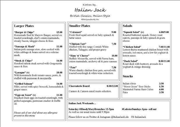Menu at Italian Jack restaurant, London