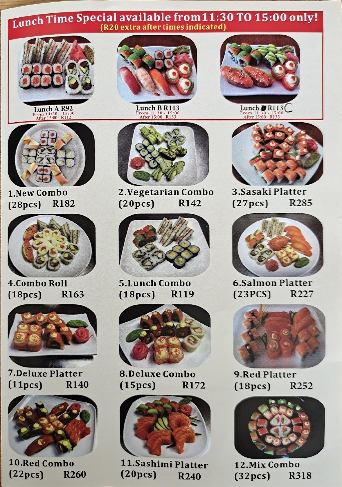 Menu at Sasaki Sushi Chinese Food Serene restaurant, Pretoria