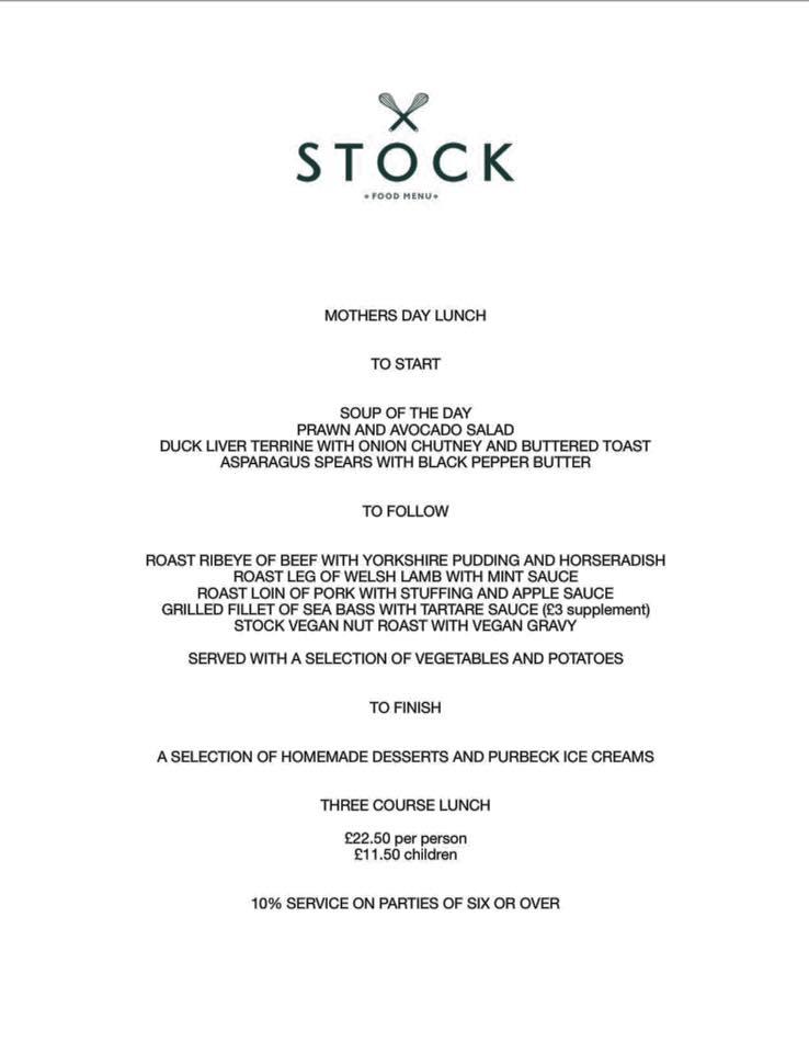 Menu at Stock restaurant, Poole