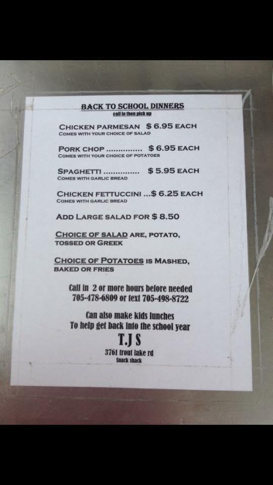 Menu at TJ's Snack Shop restaurant, North Bay