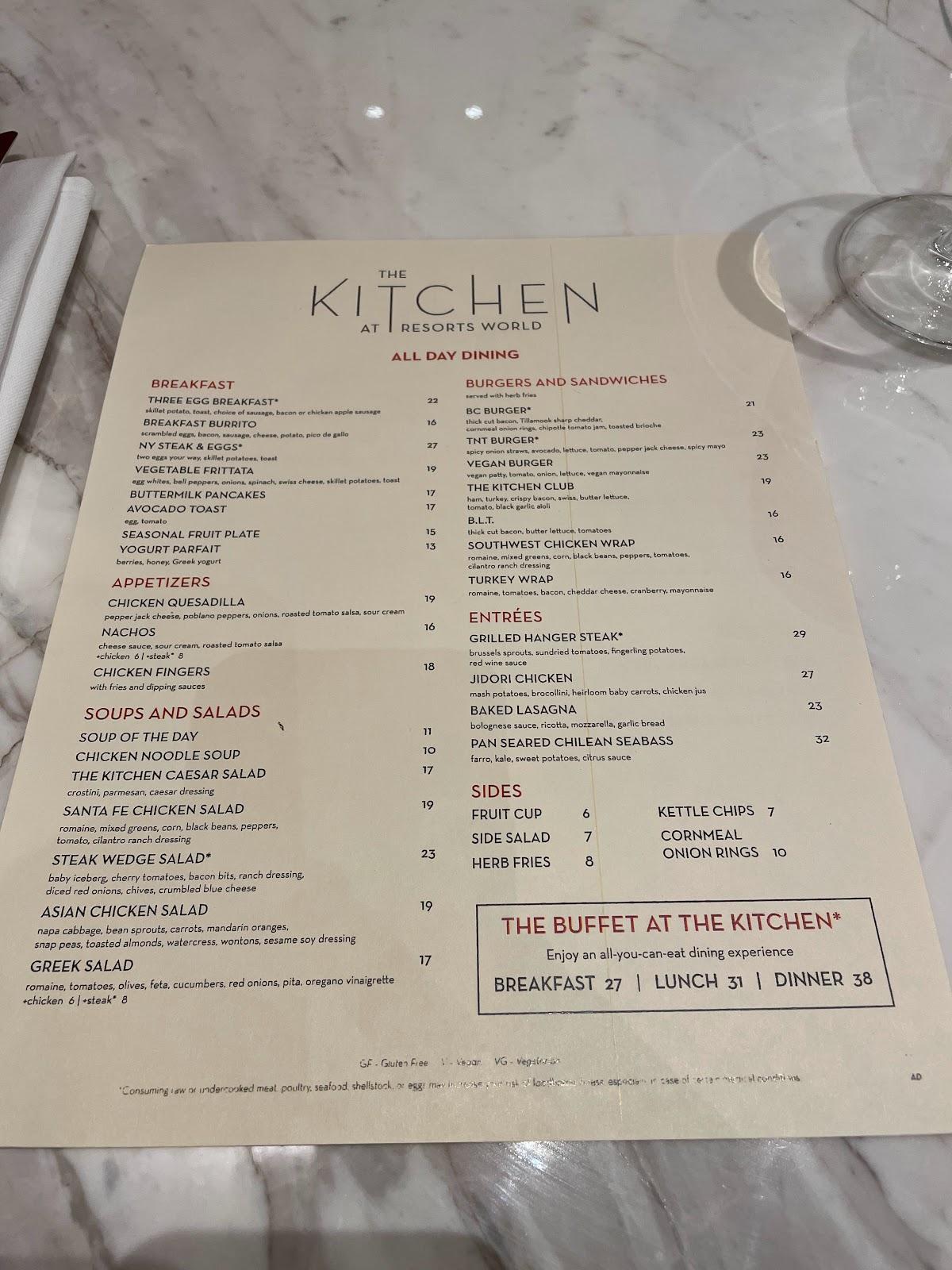 Menu at The Kitchen at Resorts World restaurant, Las Vegas