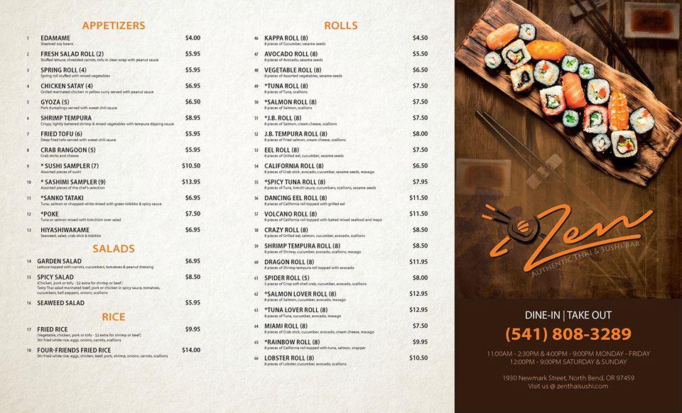 Menu at Zen Thai & Sushi restaurant, Coos Bay