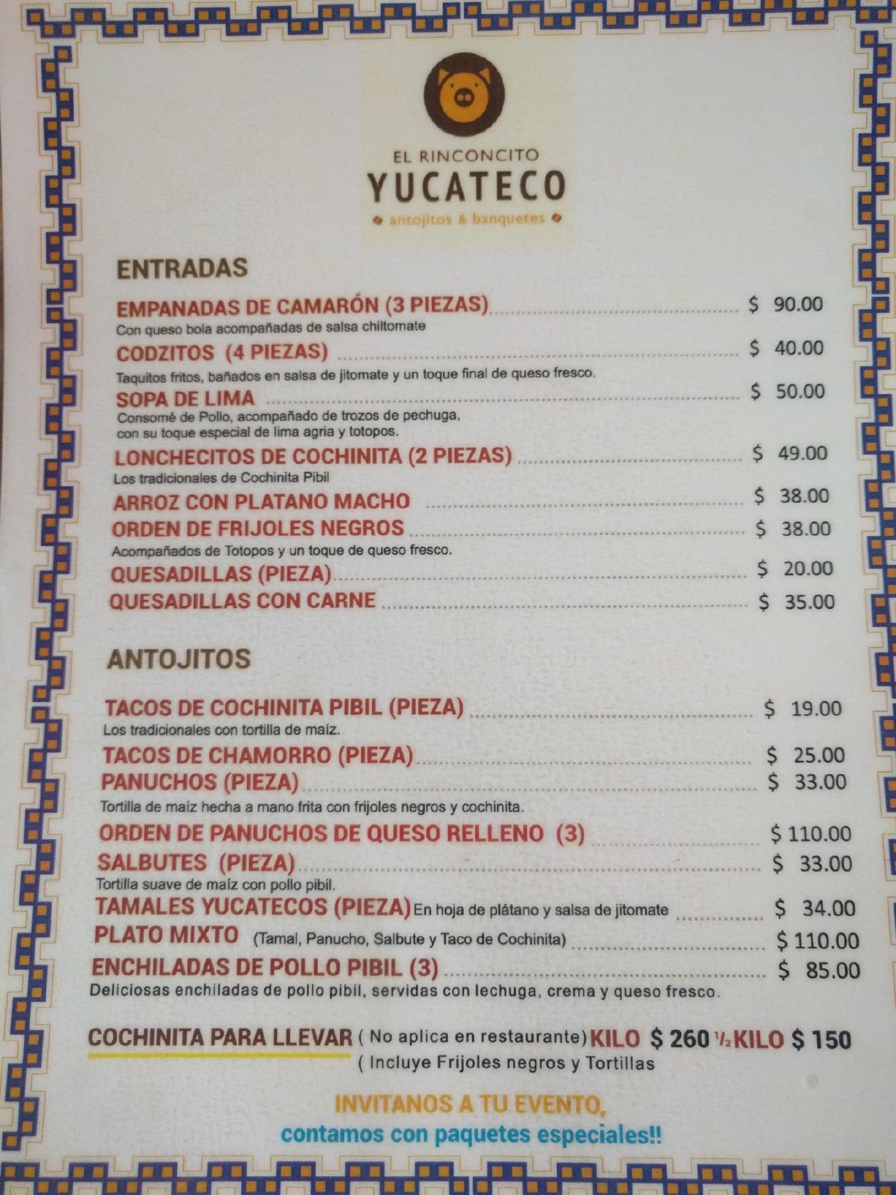 Carta del restaurante El Rinconcito Yucateco, Zapopan, Al Arroyo 127-A