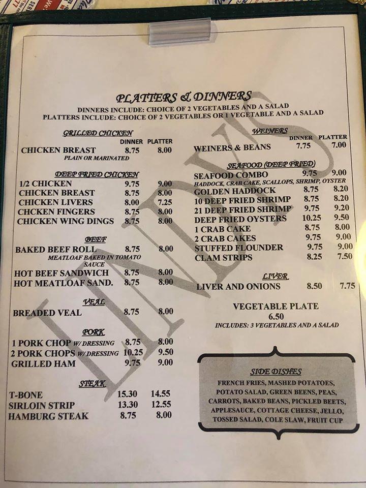Menu at Lindy's Restaurant, Cumberland