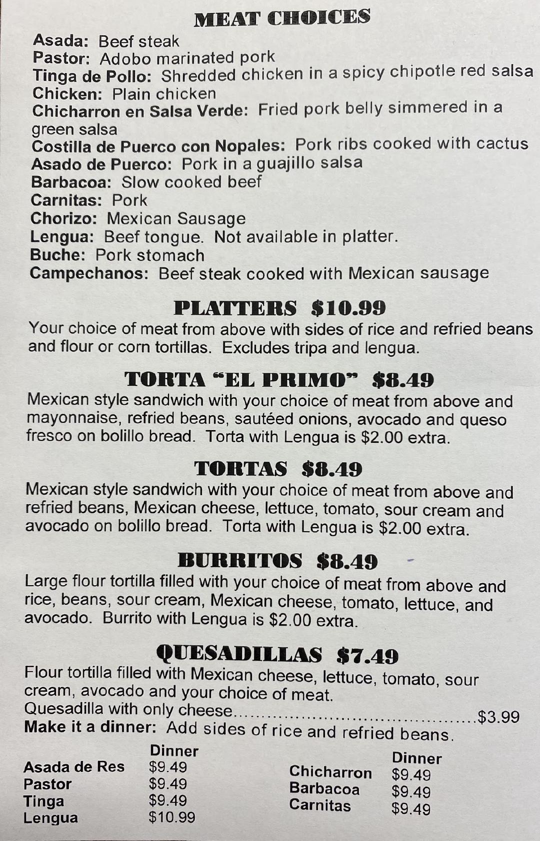 Menu at Taqueria El Primo restaurant, Sherwood