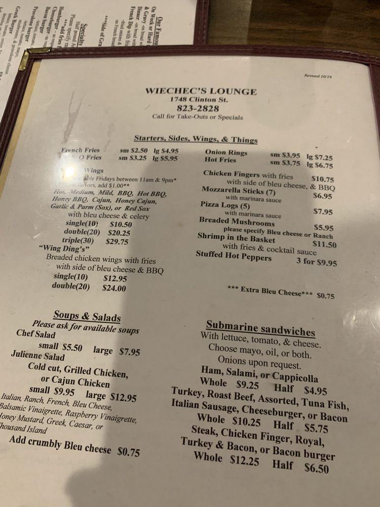 Menu at Wiechec's Lounge restaurant, Buffalo