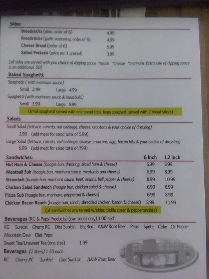 Menu at Bridgeview Pizzeria, Island