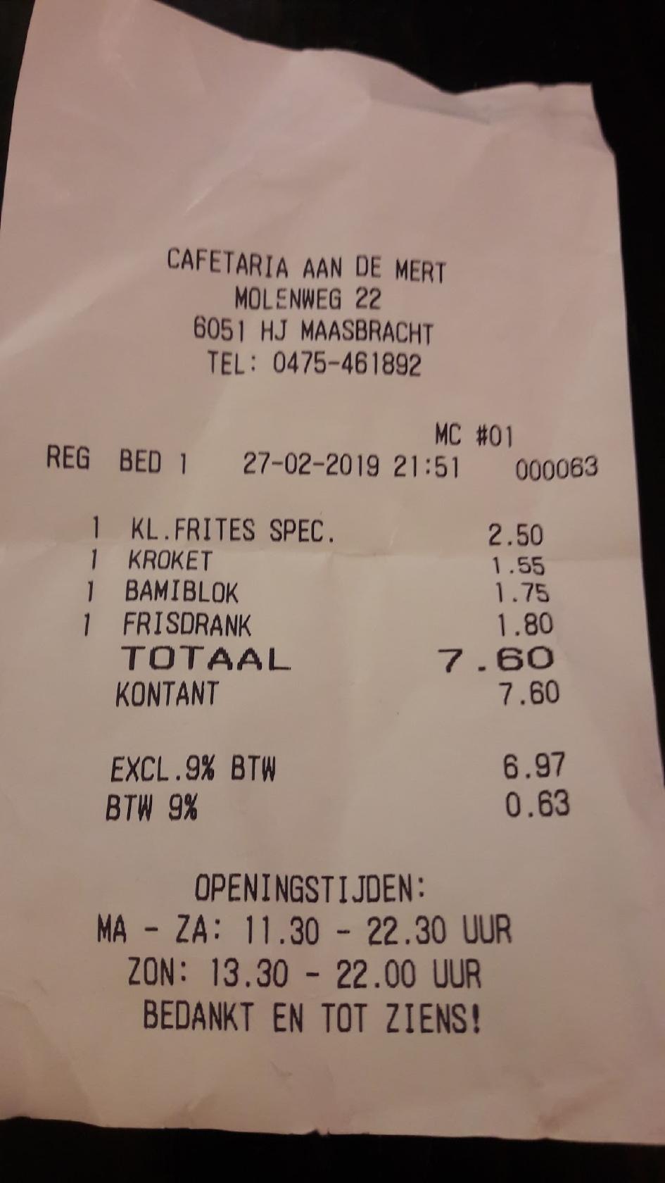 Menu at Cafetaria aan de Mert, Maasbracht