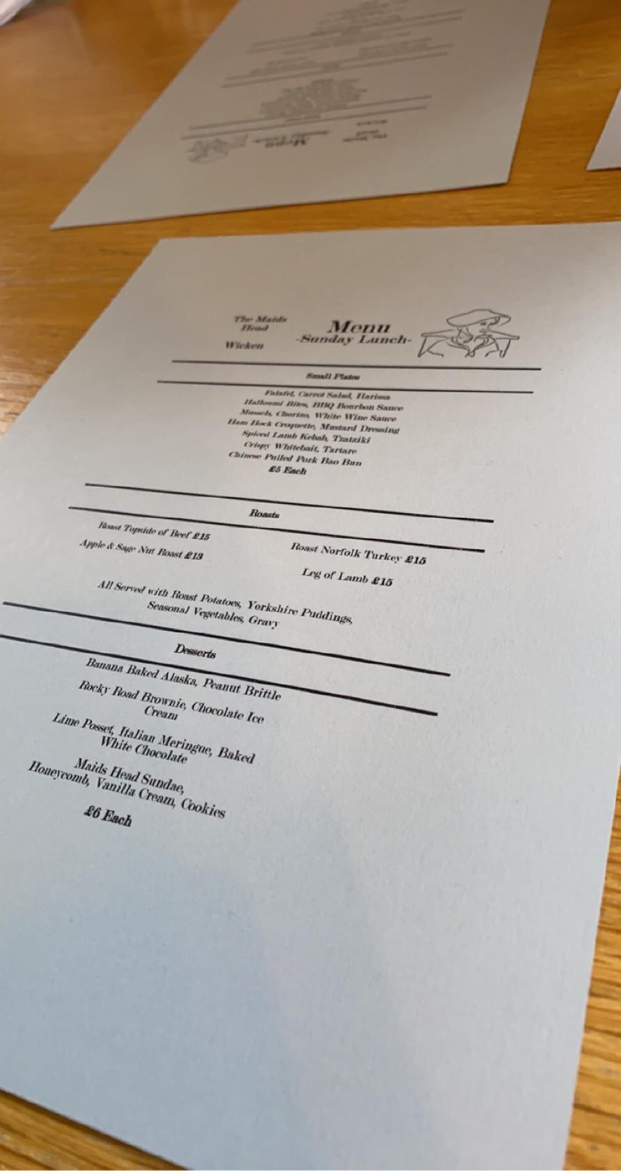 Menu at Maids Head Wicken pub & bar, Fordham