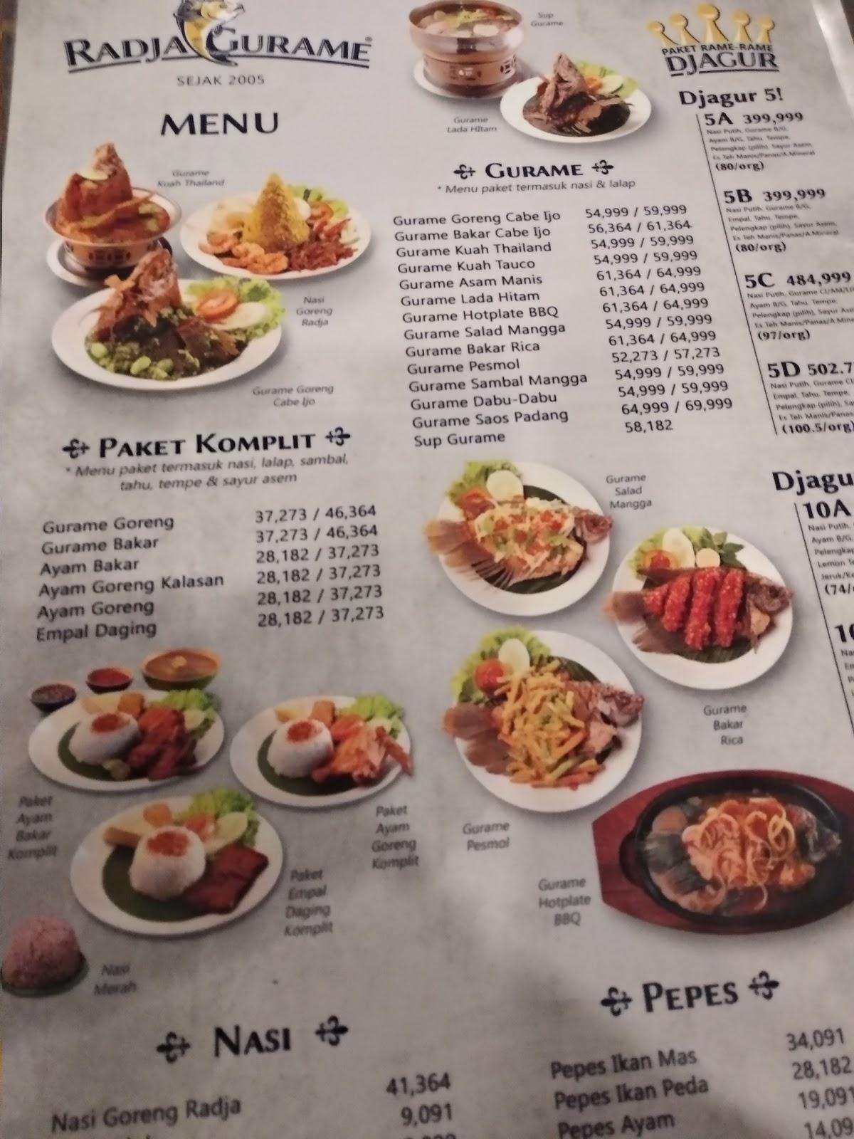 Menu at Radja Gurame Cempaka Putih restaurant, Jakarta, 1