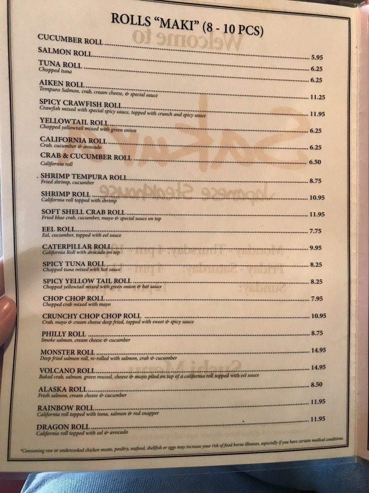 Menu at Sakura Japanese Steak House steakhouse, Aiken