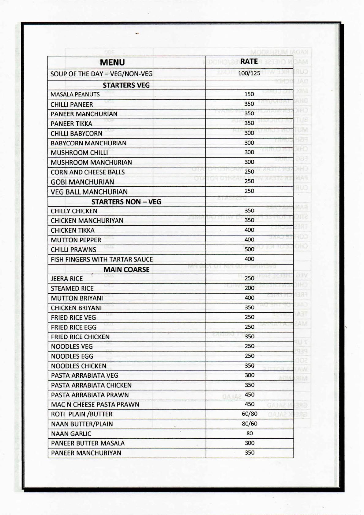 Menu at The Fig Tree Place, Yercaud